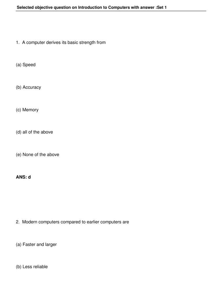 Selected Objective Question On Introduction To Computers Set 1 Pdf Microcomputers Input Output