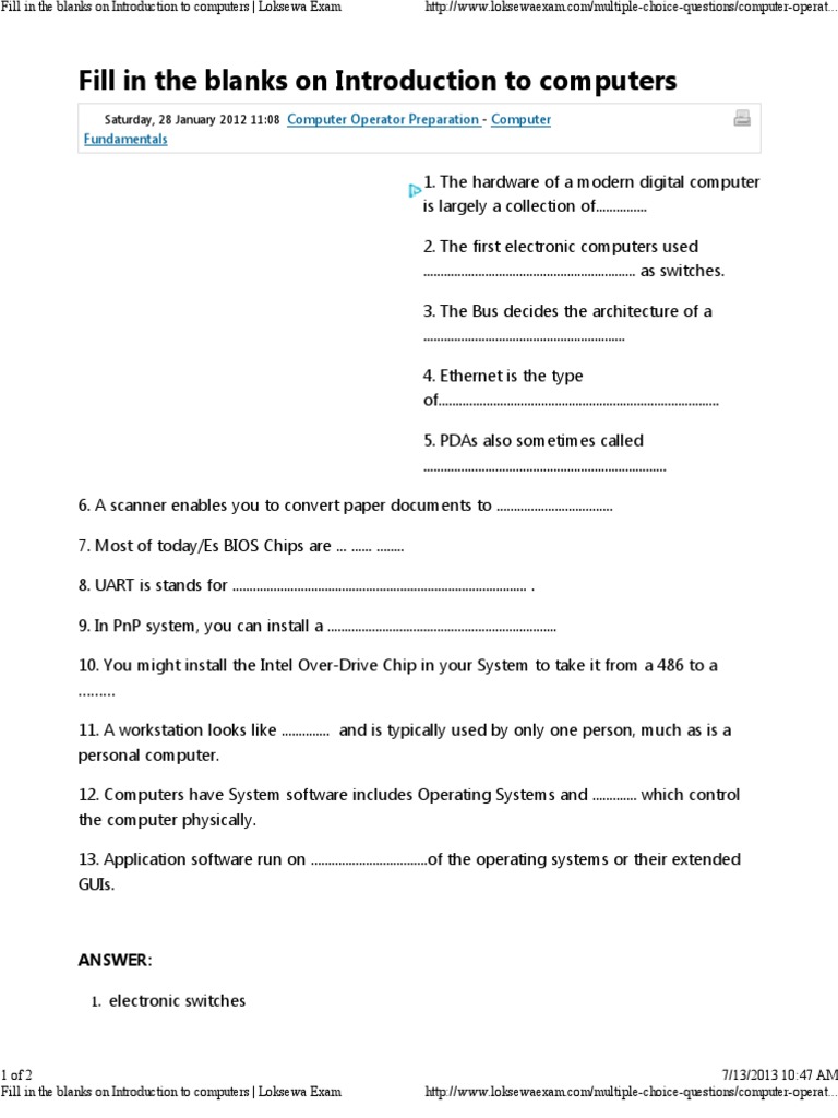 Fill in The Blanks On Introduction To Computers - Loksewa Exam | PDF ...