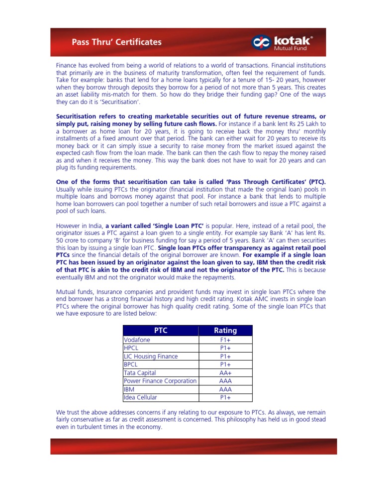 Pass Thru' Certificates: PTC Rating | PDF | Loans | Securitization