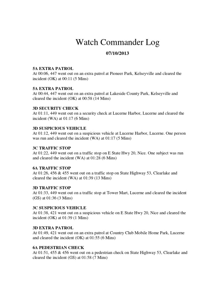 Kelseyville Watch Commander Log Summary | PDF | Traffic | Crime & Violence