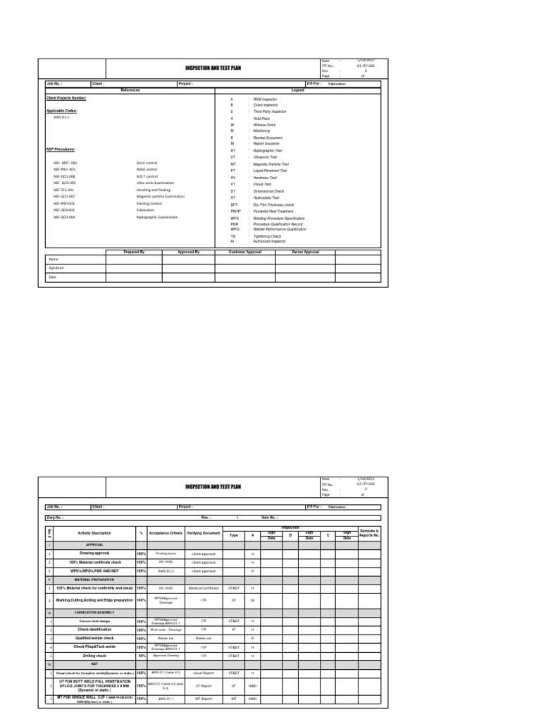 Inspection Test Plan for Fabrication | Nondestructive Testing ...