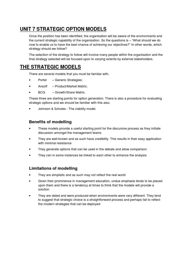 Unit 7 Strategic Option Models: Benefits of Modelling | PDF | Strategic ...