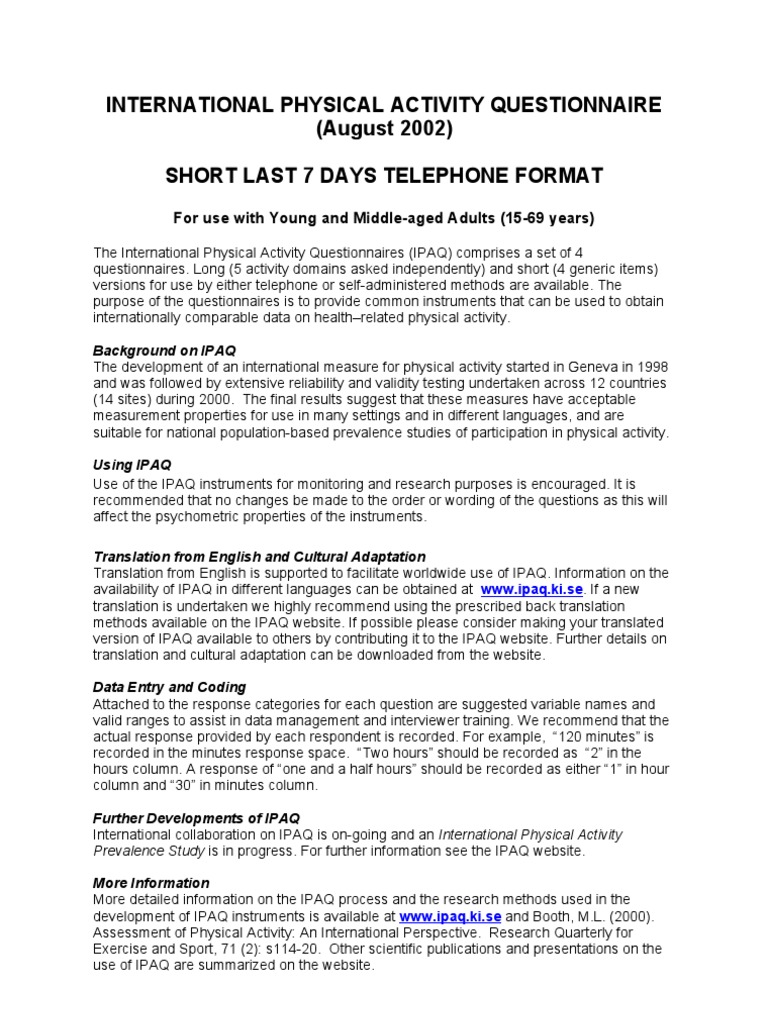 Physical Activity Survey for Adults | PDF | Questionnaire | Physical ...