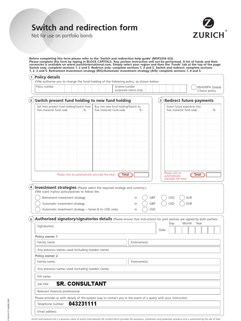 Zurich Fund Switch and Redirection Form | PDF | Investment Strategy ...