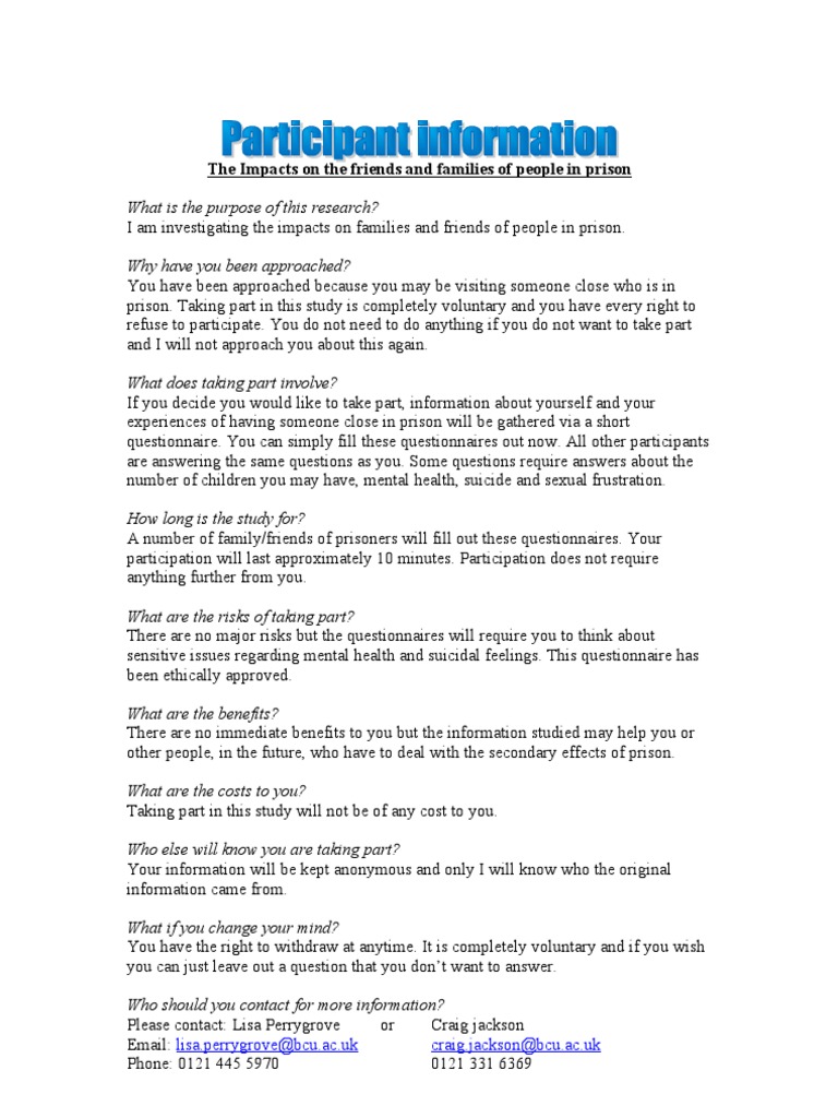 Questionnaire Impacts On Family Members and Friends of Prisoners ...