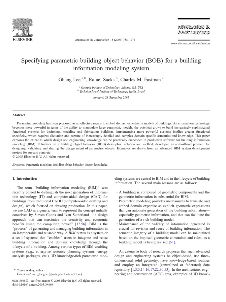 Specifying Parametric Building Object Behavior (BOB) For A Building ...