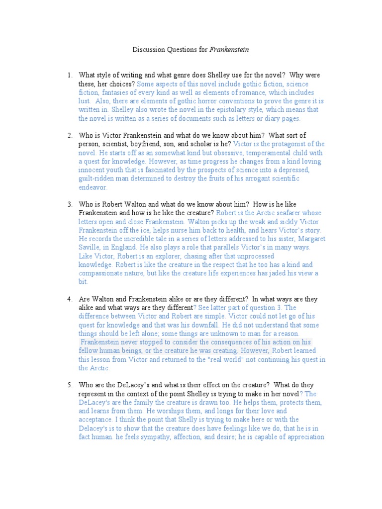 Discussion Questions For Frankenstein | PDF | Frankenstein | Mary Shelley
