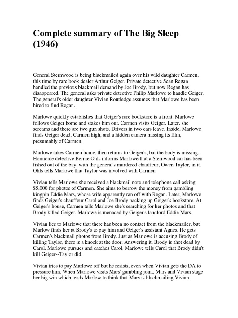 Complete Summary of The Big Sleep | PDF | Violence | Crime Thriller