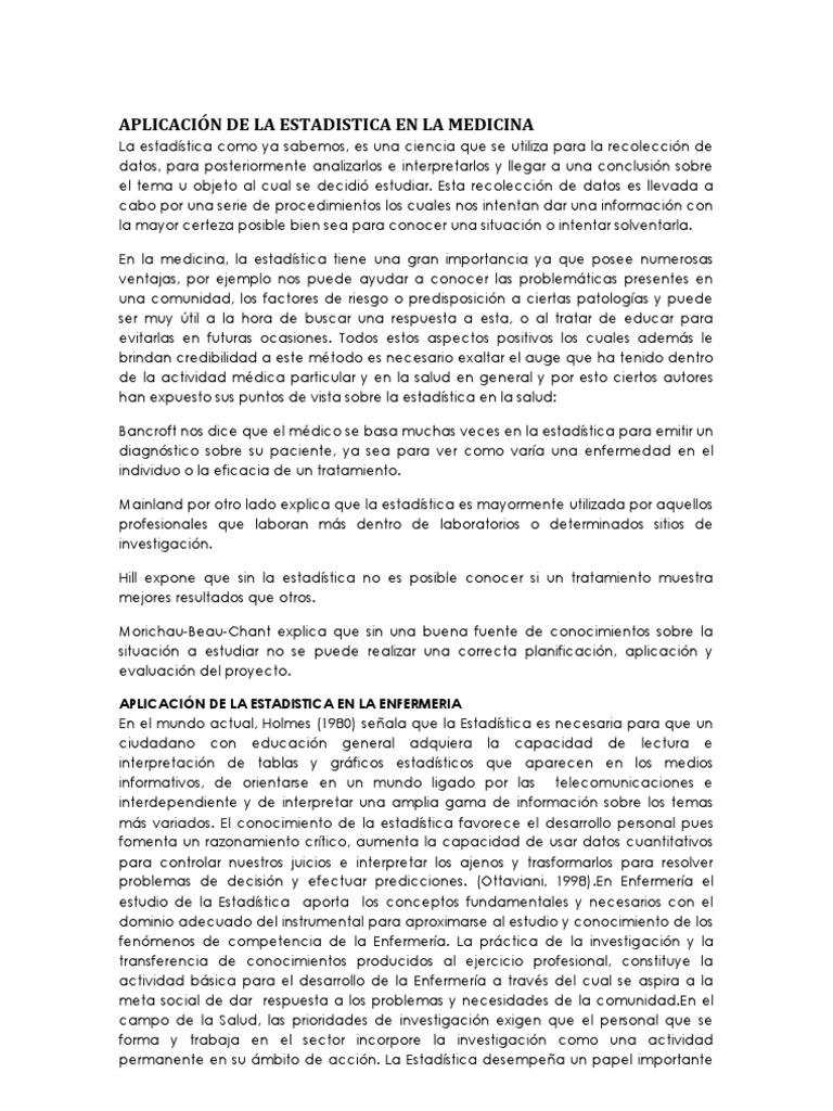 Aplicación De La Estadistica En La Medicina Y Enfermeria Estadística