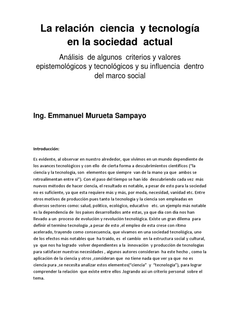 Ensayo La Relación Ciencia y Tecnología en La Sociedad Actual | PDF ...