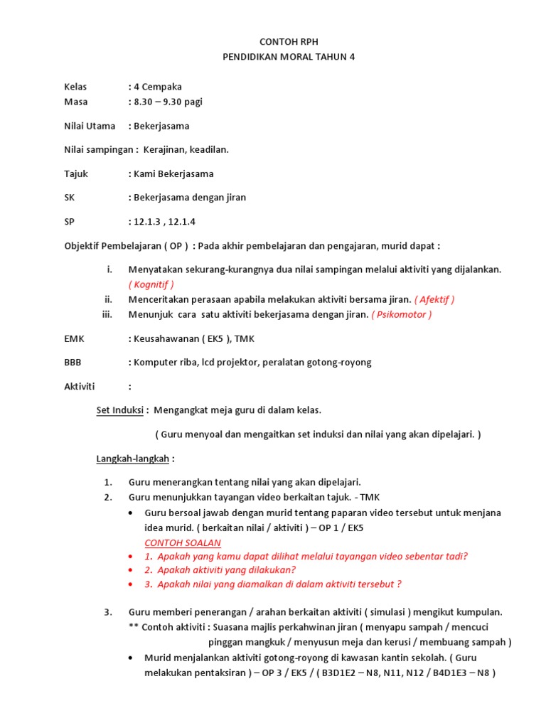 Contoh RPH P. Moral t4 | PDF