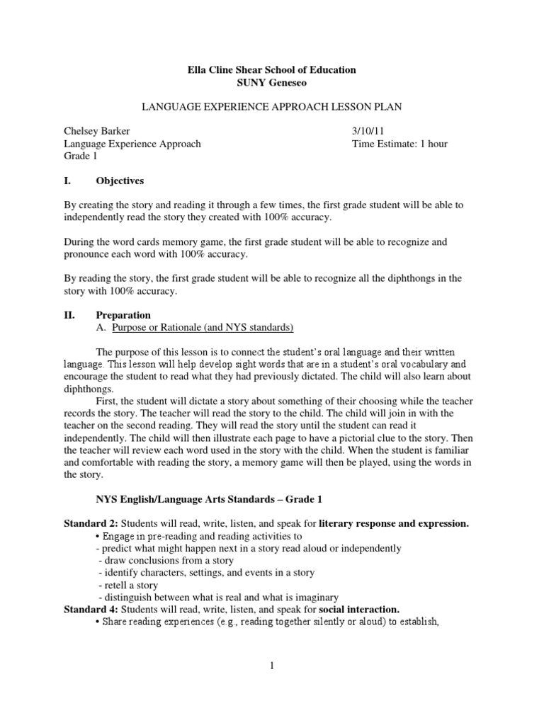 Language Experience Approach Lesson | PDF | Reading (Process) | Information