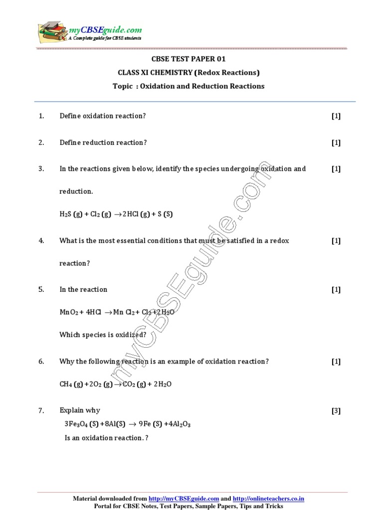 Redox Reactions: Key Concepts and Questions | PDF | Redox | Chemical ...