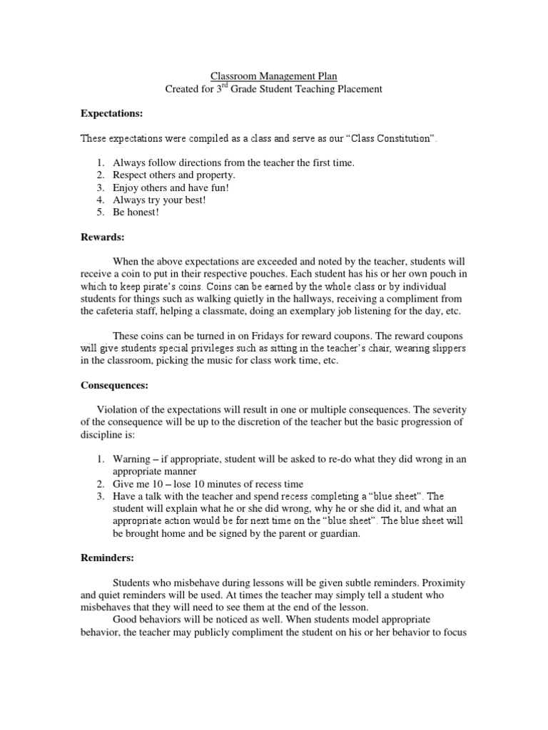 3rd Grade Classroom Management Plan | PDF | Teachers | Classroom