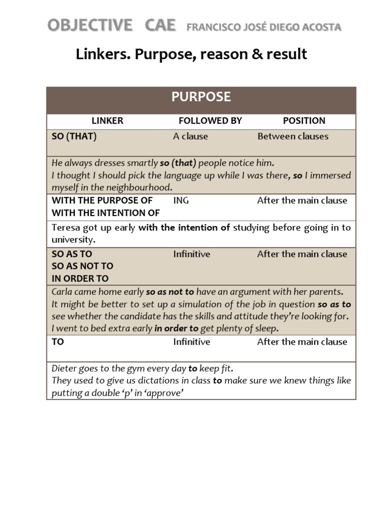 Linkers for Purpose, Reason, and Result | PDF | Sentence (Linguistics ...