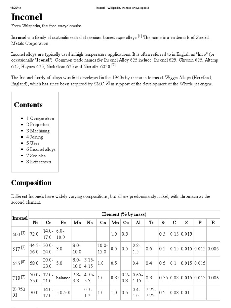 Inconel - Wikipedia, The Free Encyclopedia | PDF | Metals | Chemistry