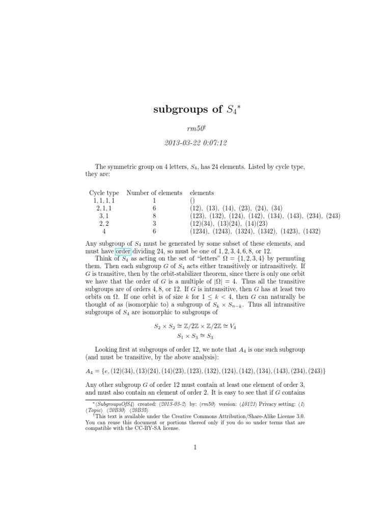 Subgroups of S4 | PDF | Abstract Algebra | Group Theory