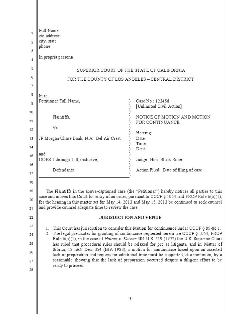Sample-Motion For Continuance | PDF | Continuance | Pro Se Legal ... Sample-Motion For Continuance | PDF | Continuance | Pro Se Legal ...