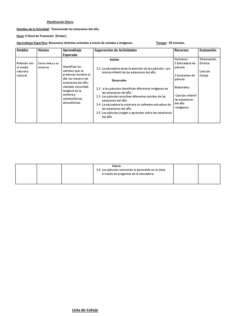 Planificación Diaria de Kinder Las Estaciones Del Año | PDF