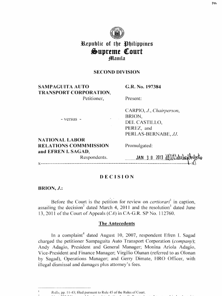 Illegal Dismissal Case: Sagad vs. NLRC | PDF | Employment | Driving