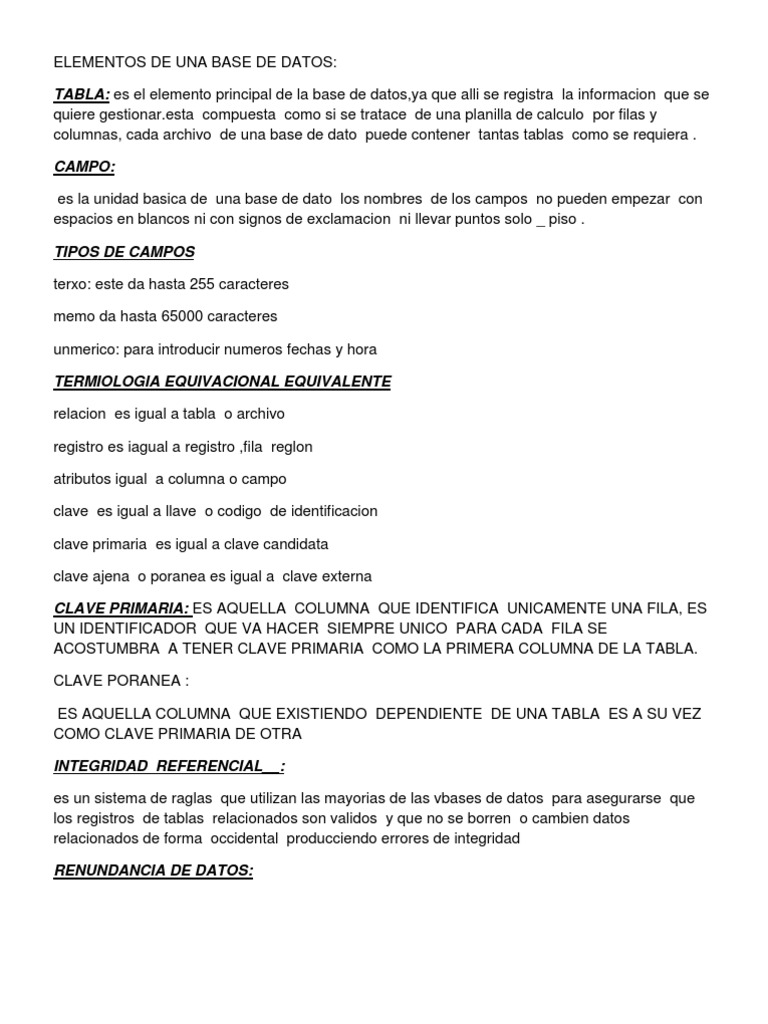 Elementos De Una Base De Datos Pdf Tabla Base De Datos Bases De 3138