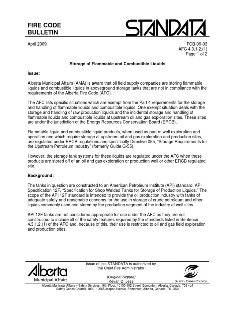 Alberta Fire Code AFC Blletin Storage of Flammable or Combustible ...