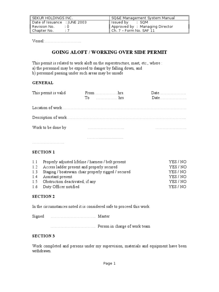 Going Aloft / Working Over Side Permit: General | PDF | Business
