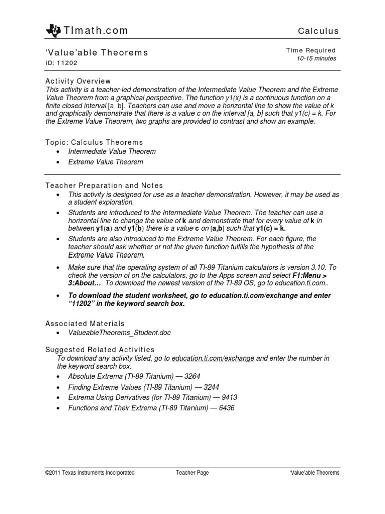 Calculus Value'able Theorems: Activity Overview | PDF | Continuous ...