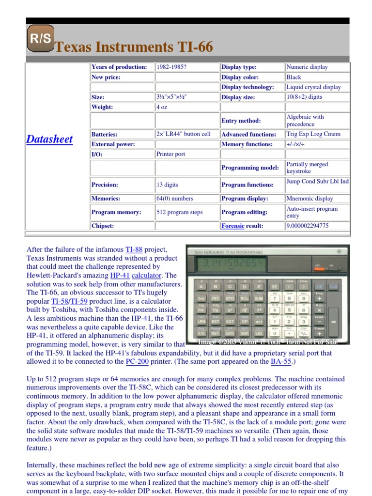 Texas TI-66 Datasheed | PDF | Calculator | Digital Electronics
