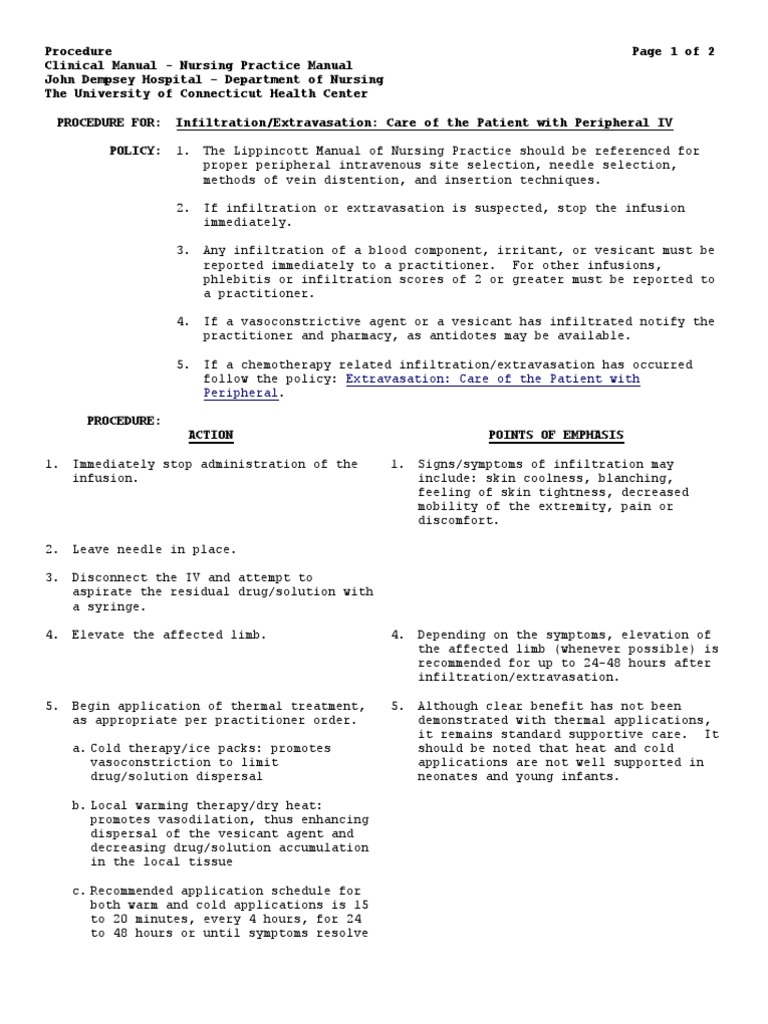 Infiltration, Extravasation - Care of The Patient With Peripheral IV | PDF