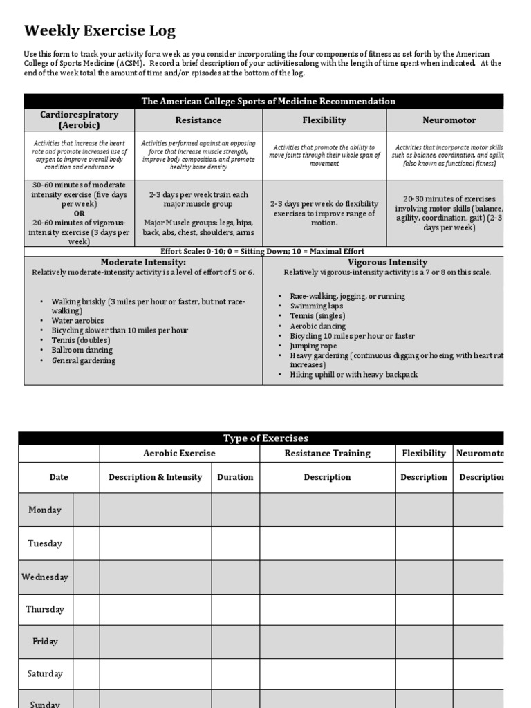 Weekly Exercise Log | PDF | Physical Fitness | Physical Exercise