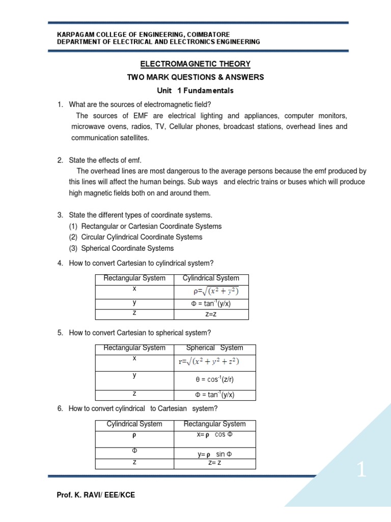 ELECTROMAGNETIC THEORY - Two Mark Questions and Answers | PDF | Magnetic Field | Electric Current