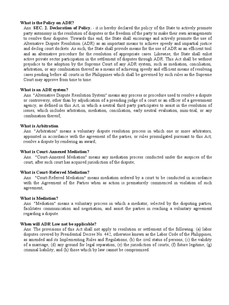 ADR Law Notes | Alternative Dispute Resolution | Mediation