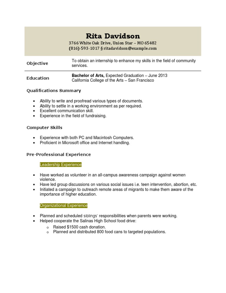 Community Services Internship Resume | PDF