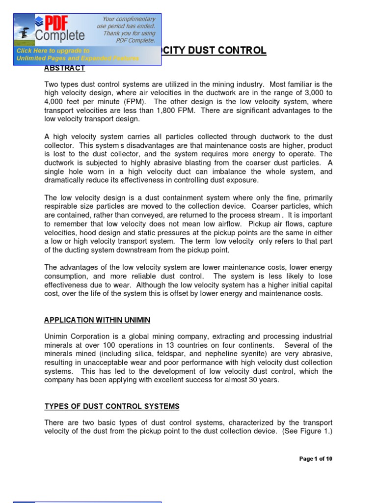Low Velocity Dust Control Systems | PDF | Duct (Flow) | Wear
