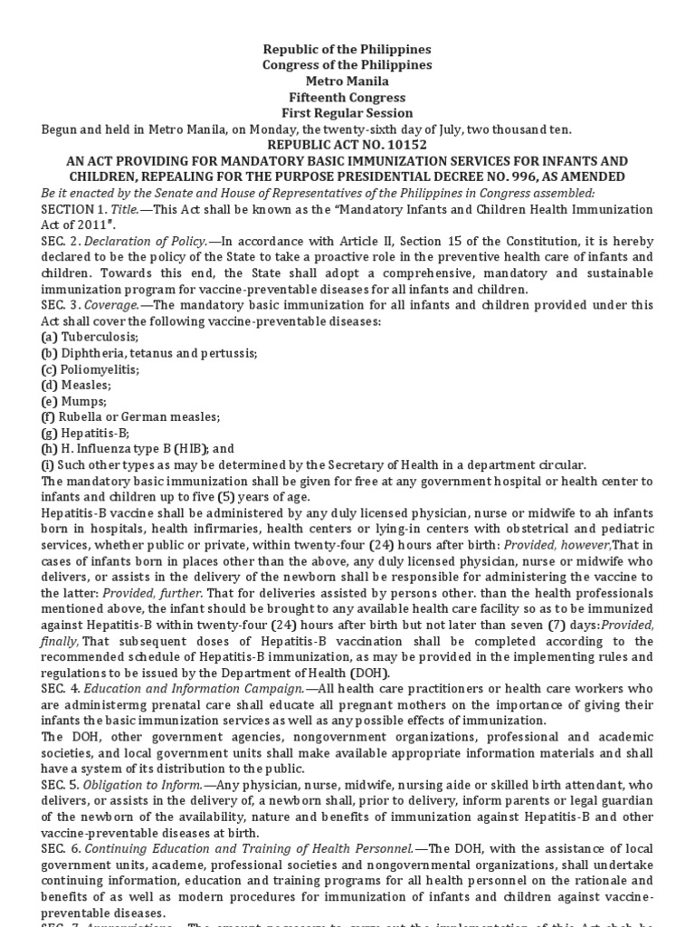 Ra 10152 | PDF | Health Professional | Vaccines