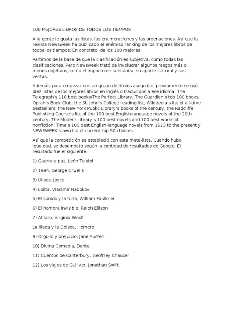 100 Mejores Libros de Todos Los Tiempos | PDF | Escritores | Literatura ...