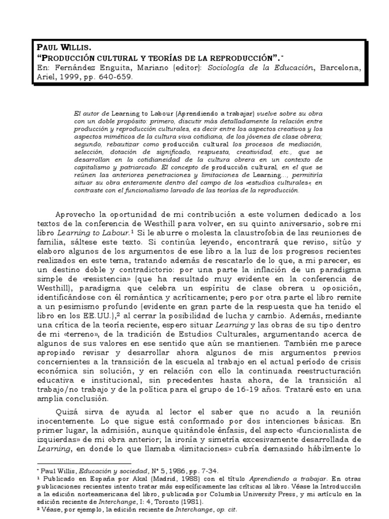 Paul Willis - Produccion Cultural y Teorias de La Reproduccion | PDF ...