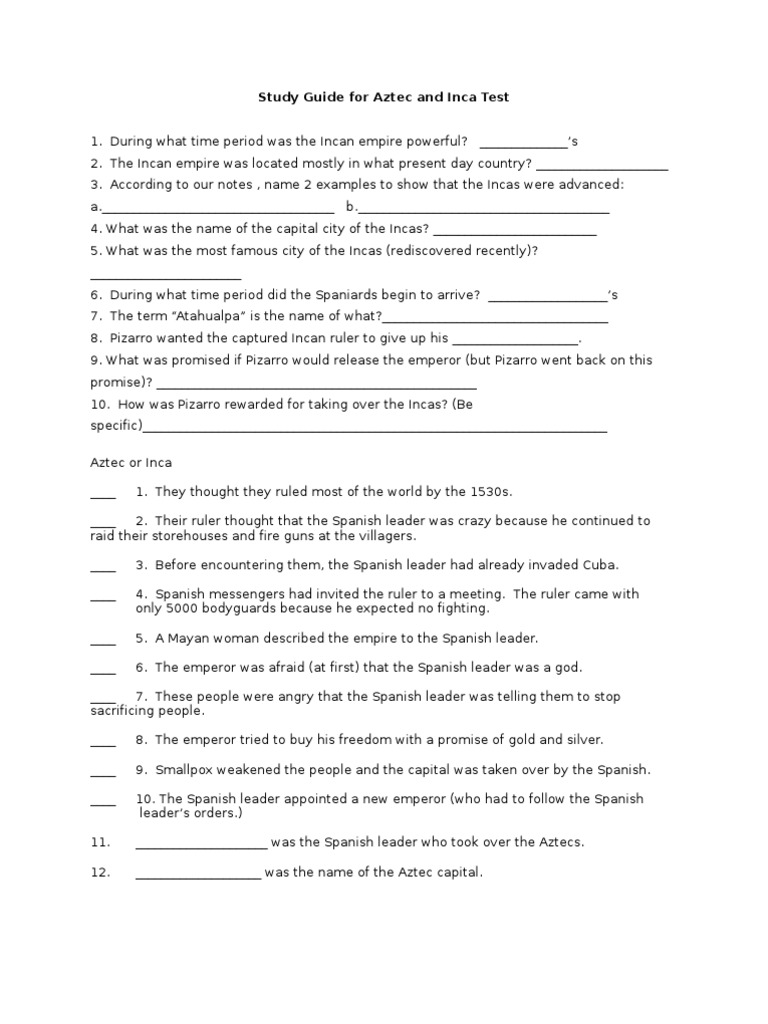 Aztec and Inca Test Study Guide | PDF | Inca Empire | Francisco Pizarro