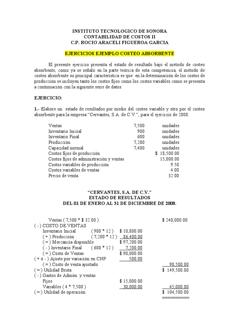 Ejercicio Costeo Directo y Absorbente Ejemplo | PDF | Inventario | Estado de resultados