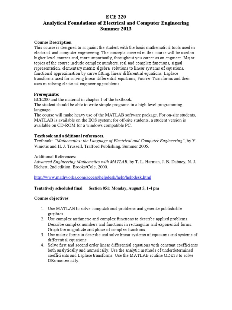 220 Syllabus | PDF | Fourier Transform | Complex Number