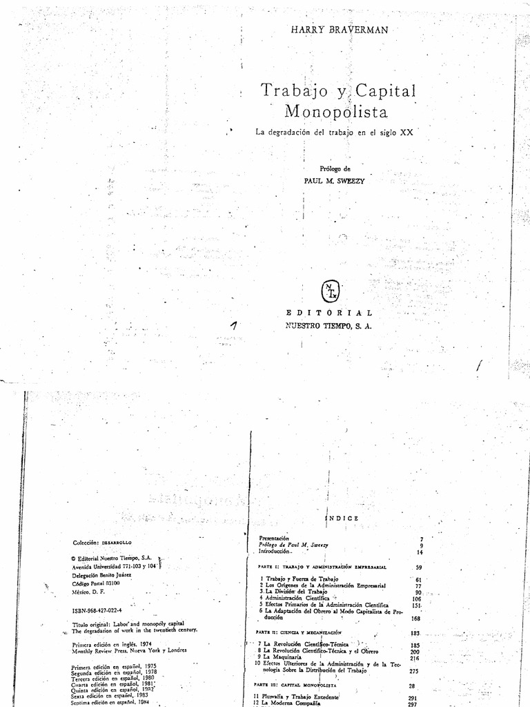 Harry Braverman Trabajo y Capital Monopolista PDF | PDF