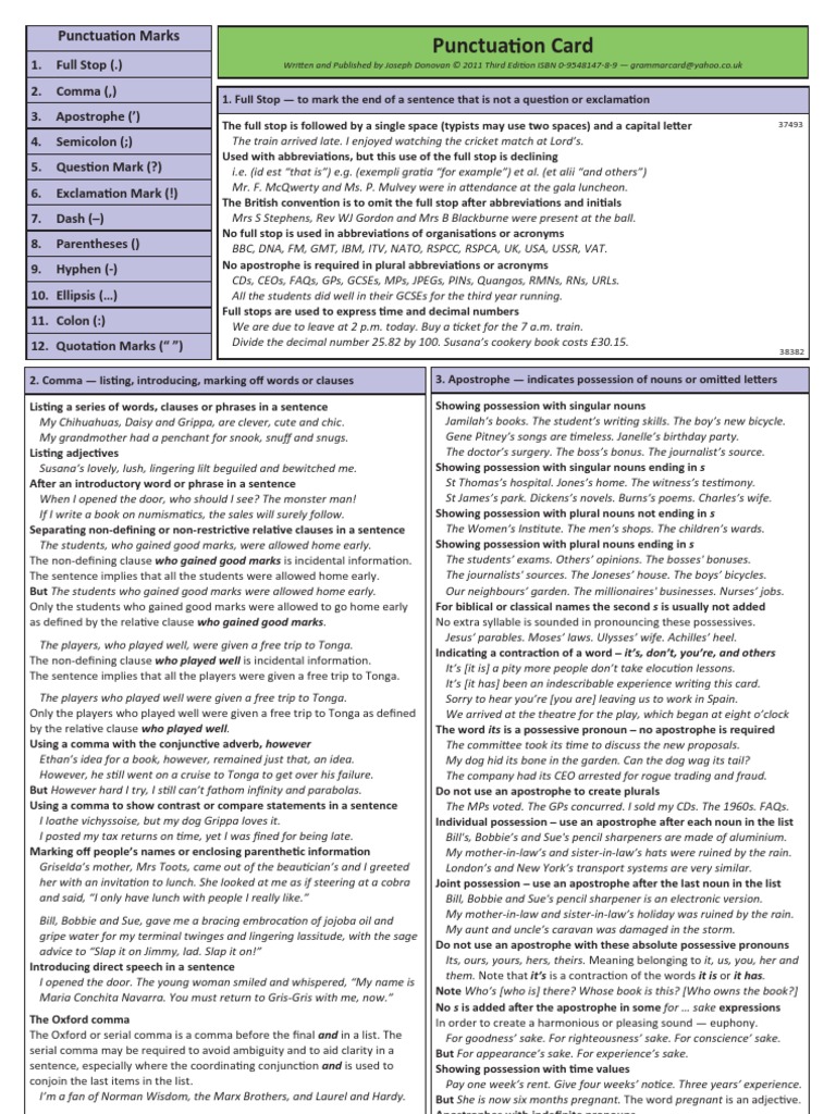Punctuation Card | PDF | Ellipsis | Sentence (Linguistics)