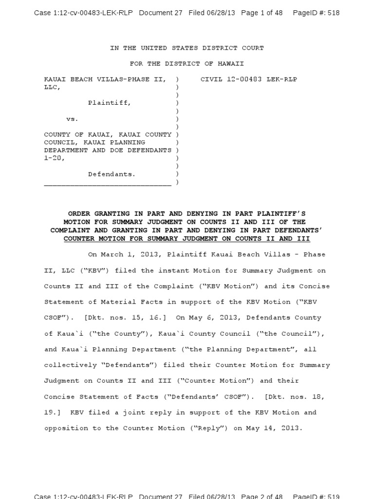 Order Granting in Part and Denying in Part Plaintiff's Motion for Summary Judgment on Counts II ...