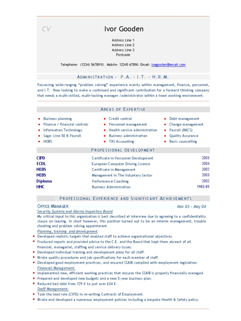 Administration (Universal CV Example) | PDF | Employment | Payroll