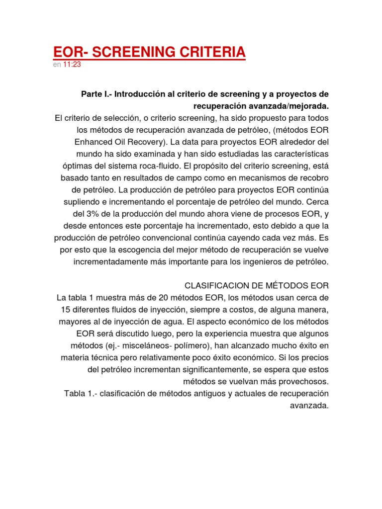 EOR Screening Criteria | PDF | Petróleo | Agua