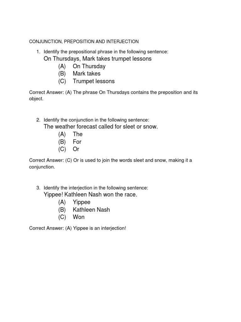 Conjunctions, Prepositions, Interjections Worksheet | PDF | Teaching ...