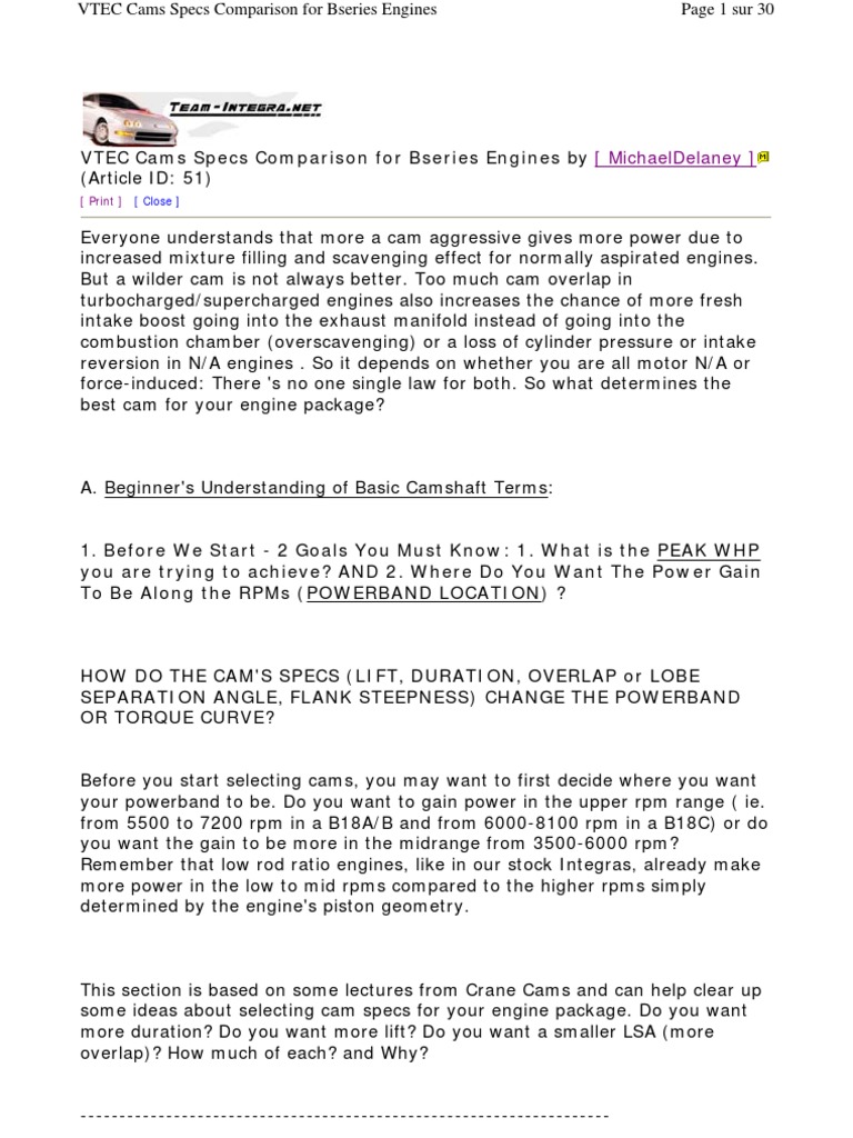 VTEC Cams Specs Comparison For Bseries Engines | PDF | Engines | Vehicles