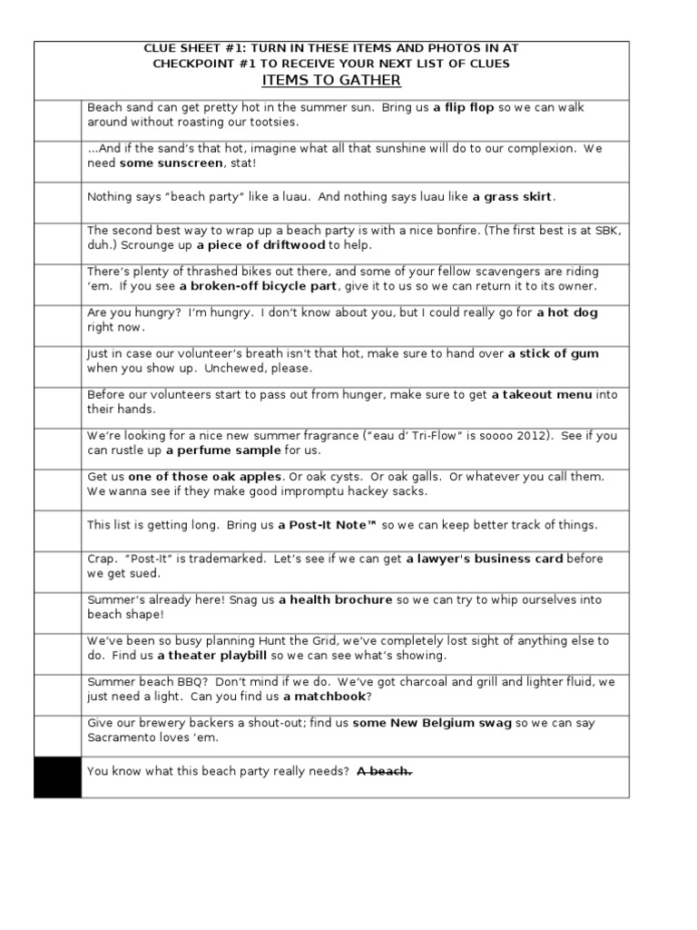 Items To Gather: Clue Sheet #1: Turn in These Items and Photos in at ...