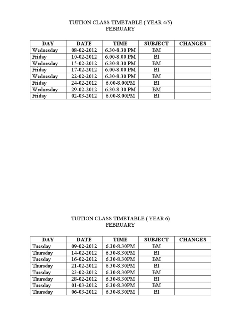 February Tuition Class Timetable | PDF